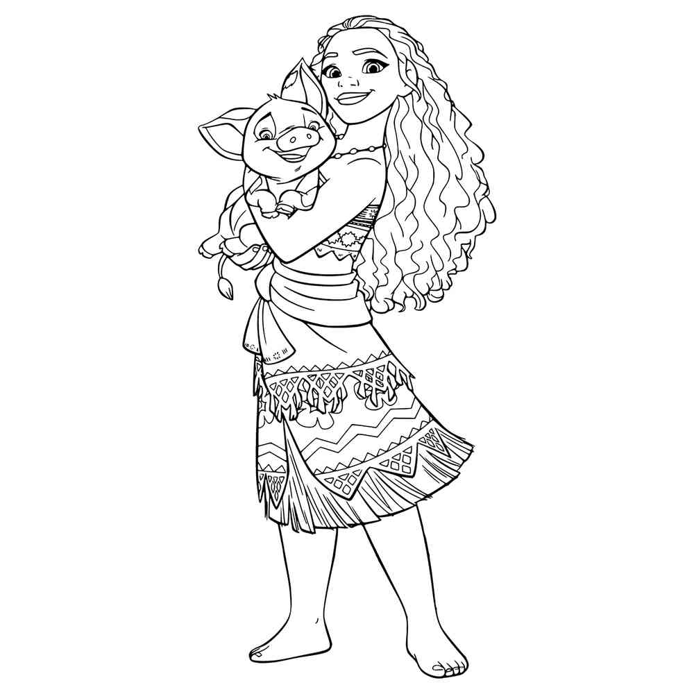 Раскраска Моана обнимает поросёнка Пуа | распечатать раскраски для детей