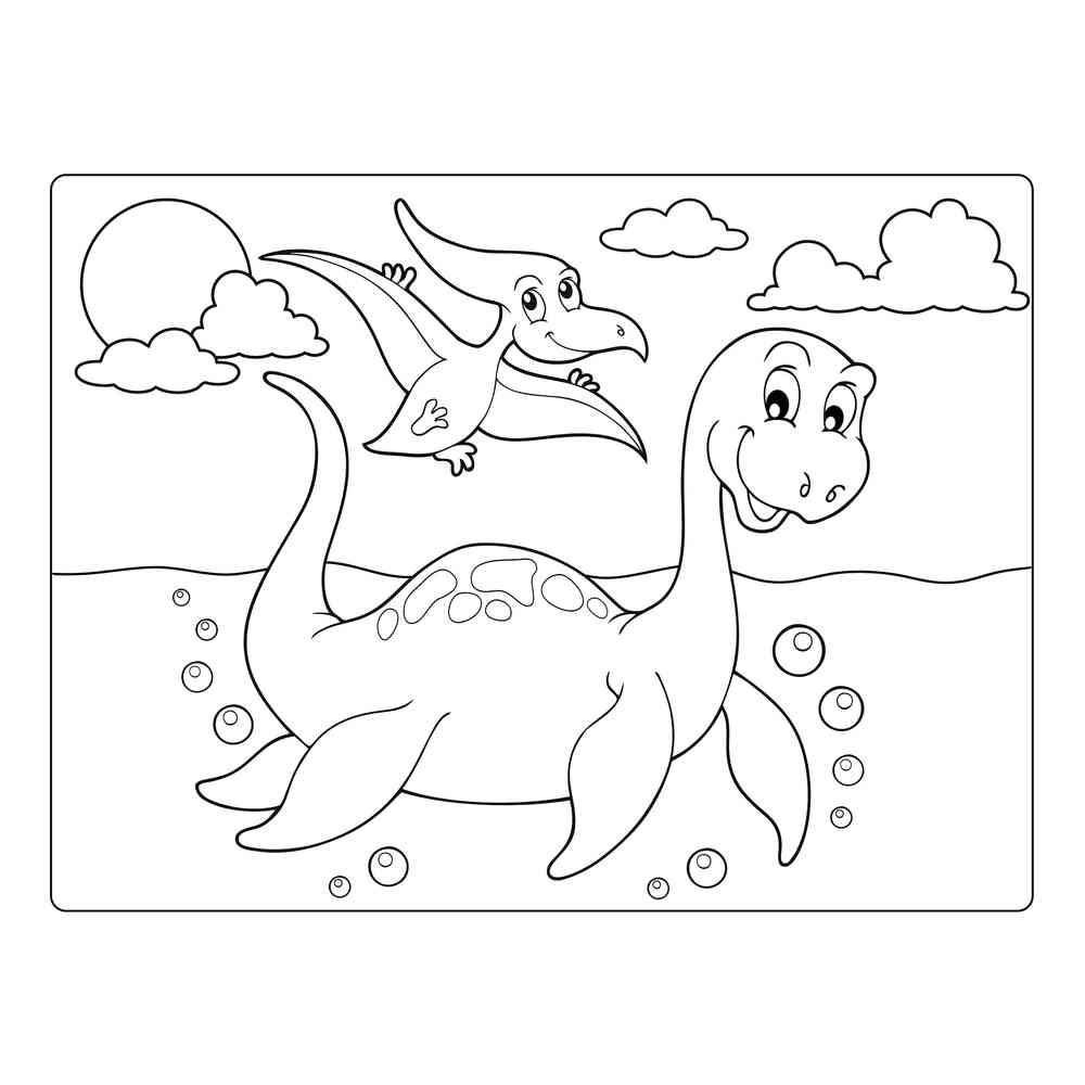 Раскраска Мультяшный Плезиозавр и Птеродактиль распечатать или скачать
