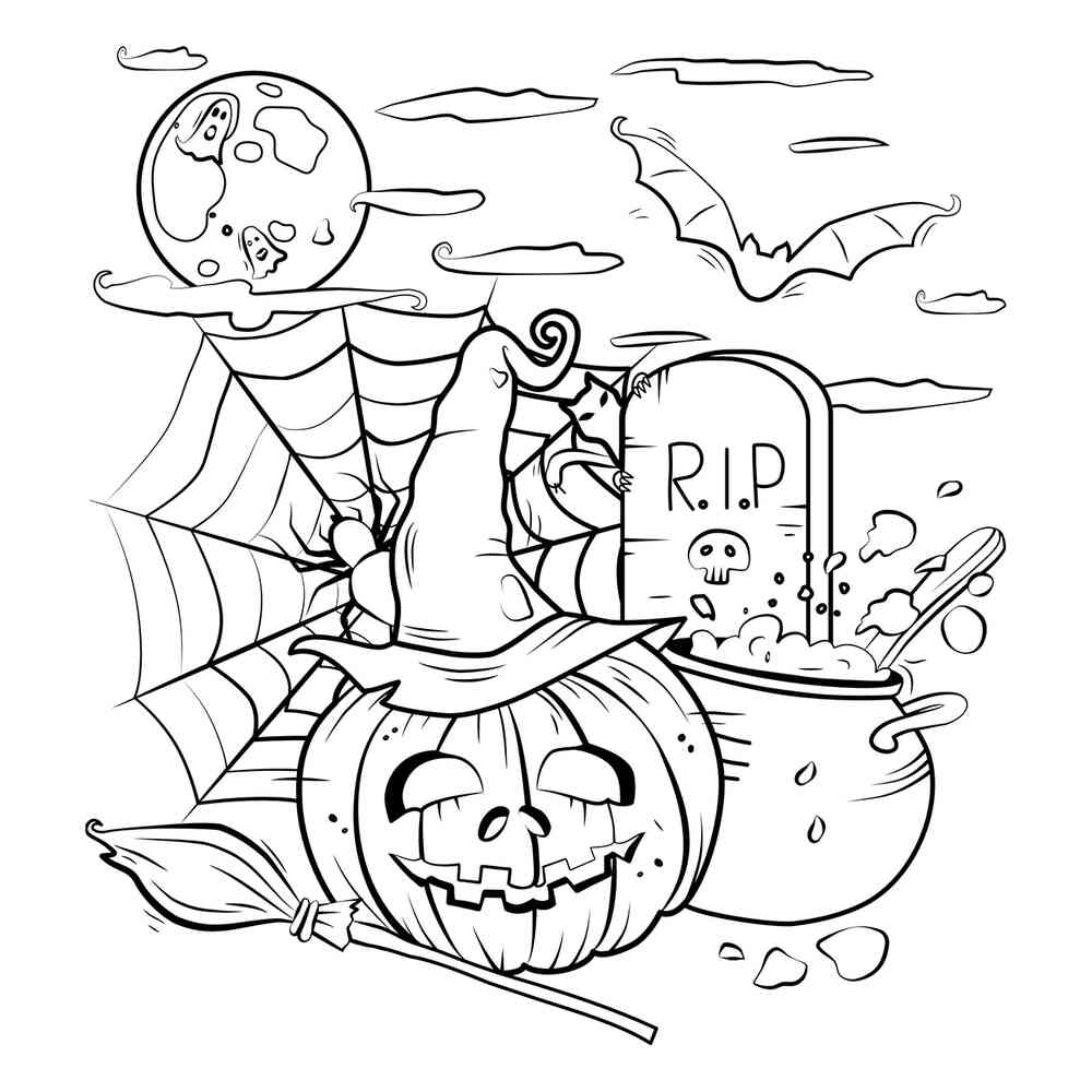 Раскраска Тыква, зелье и луна распечатать или скачать